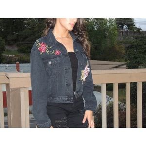 Jackets & Coats | Rose Floral Embroidered Black Jean Jacket | Poshmark